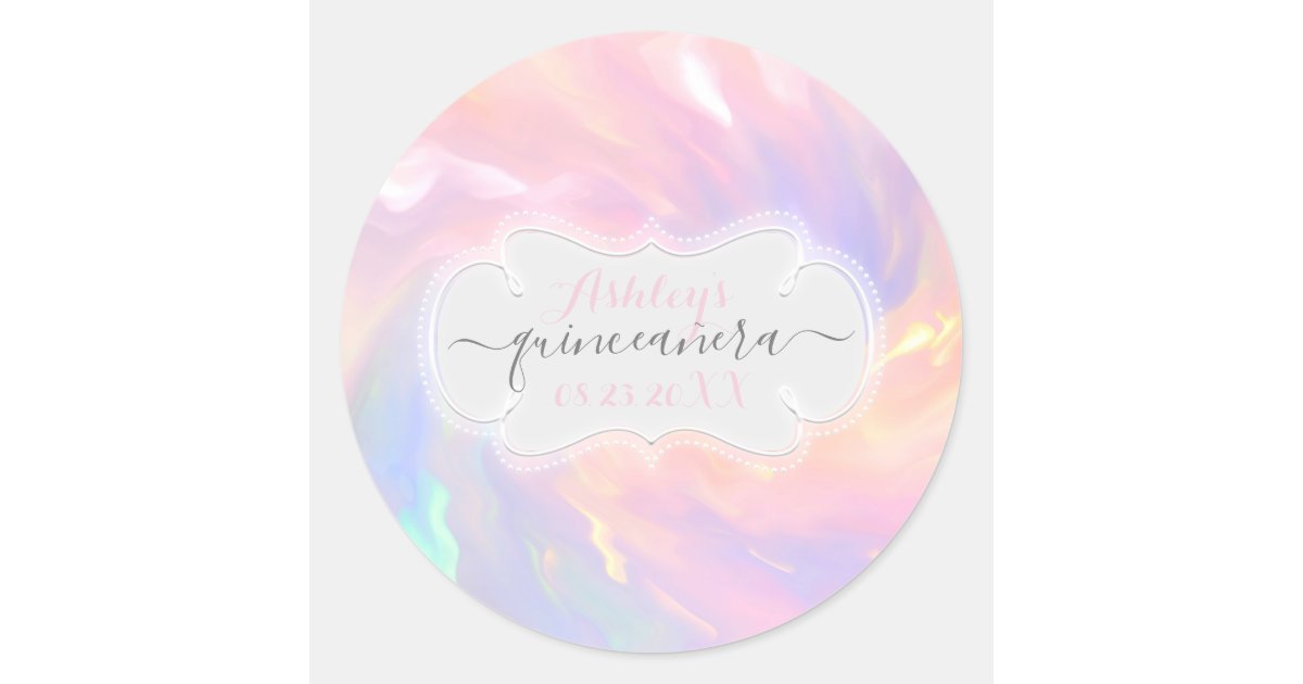 Holographic Princess Pink Name Date Quinceañera Classic Round Sticker ...