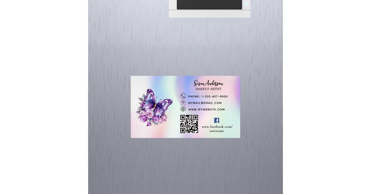 Holographic purple butterfly QR code Facebook Business Card Magnet | Zazzle