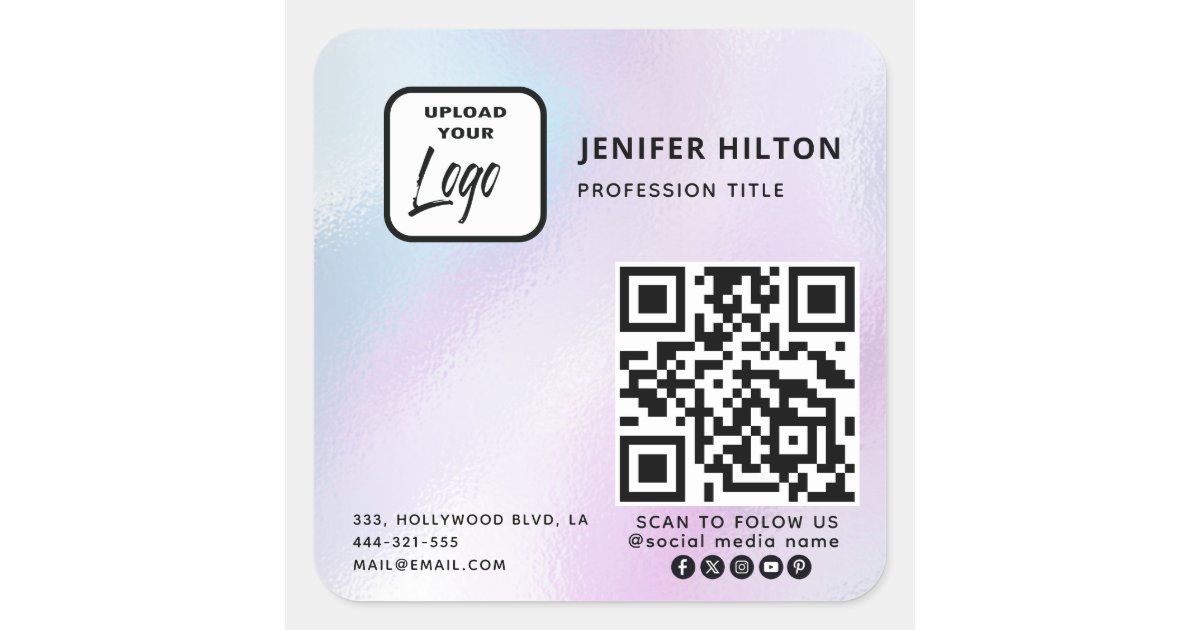 Holographic qr code logo social media square sticker | Zazzle
