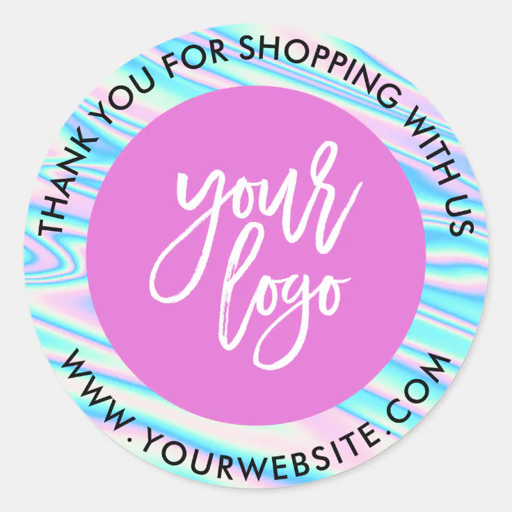 Holographic rainbow custom logo pink thank you classic round sticker ...