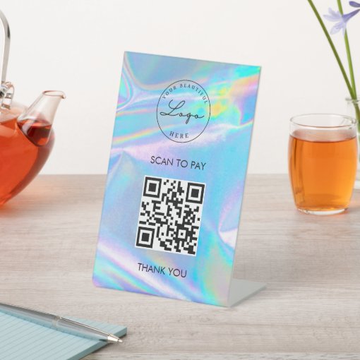 Holographic Scan Me QR Code Logo Pedestal Sign | Zazzle