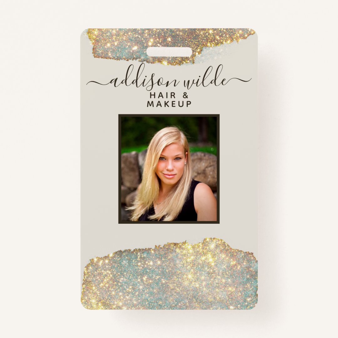 Holographic Signature Script Chic Glitter Salon ID Badge | Zazzle