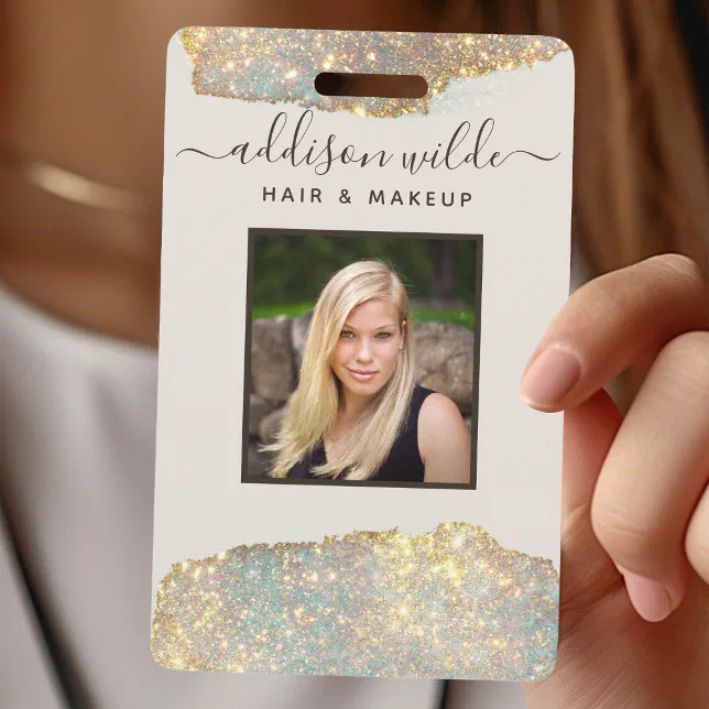 Holographic Signature Script Chic Glitter Salon ID Badge | Zazzle