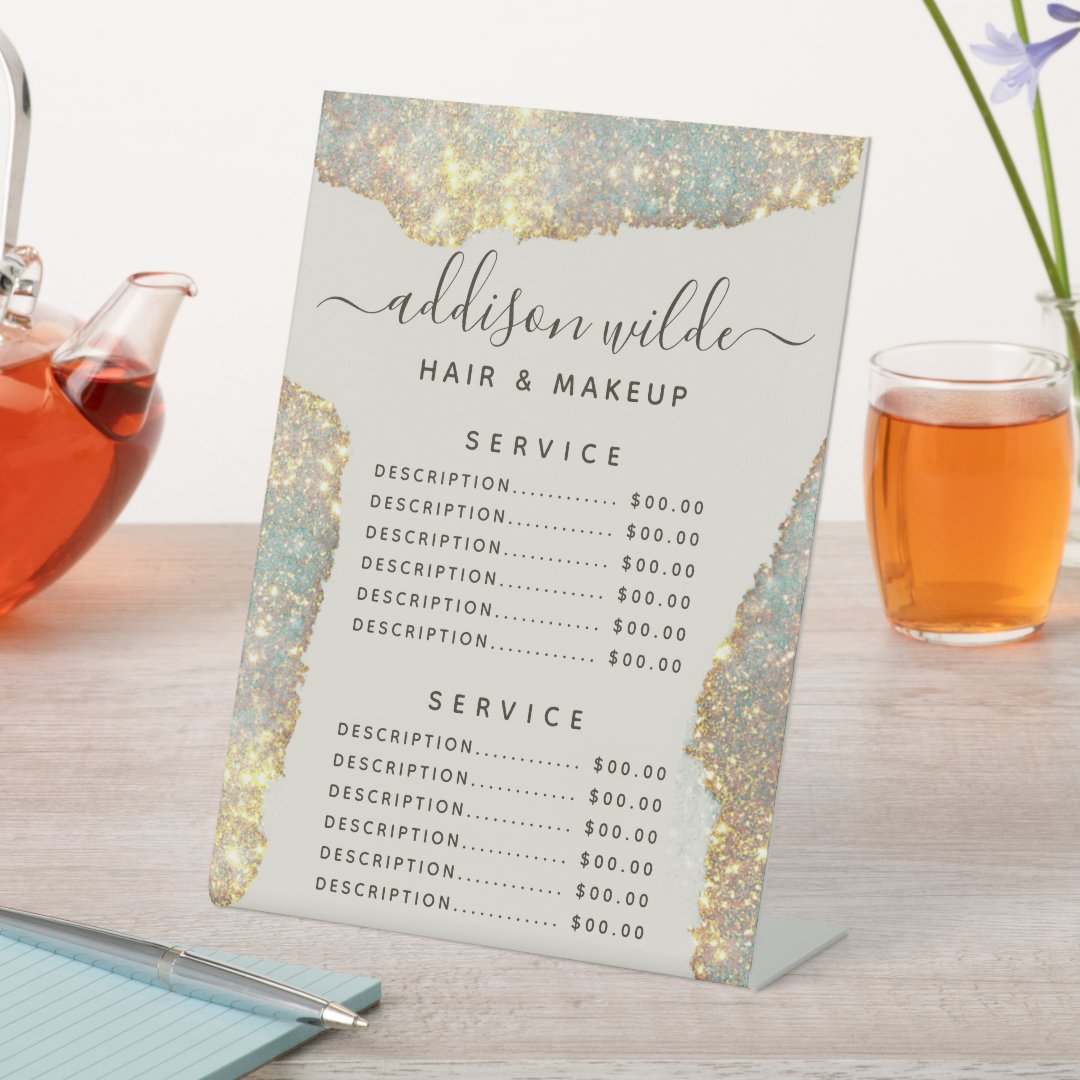 Holographic Signature Script Glitter Service Price Pedestal Sign | Zazzle