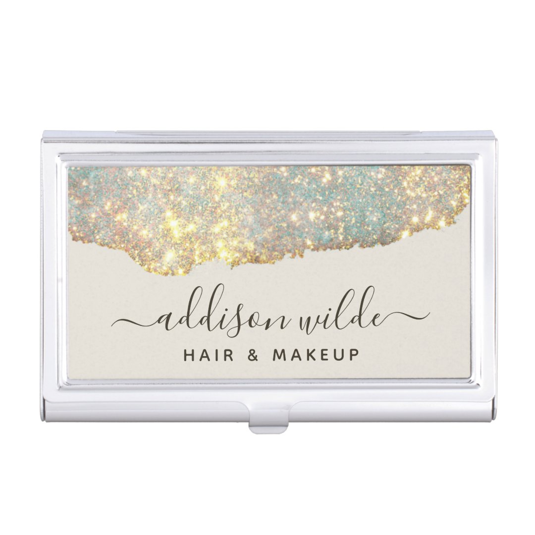 Holographic Signature Script Modern Glam Glitter Business Card Case ...