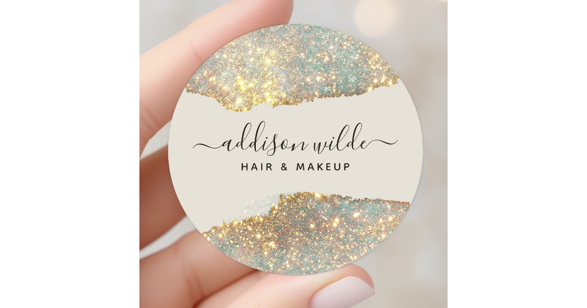Holographic Signature Script Modern Glam Glitter Classic Round Sticker ...