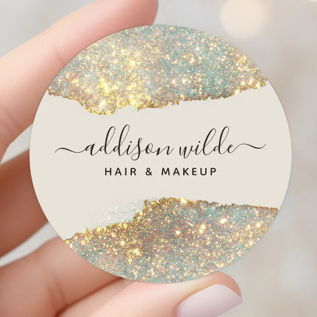 Holographic Signature Script Modern Glam Glitter Classic Round Sticker ...