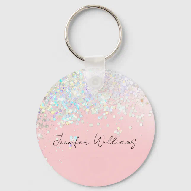 Holographic Sparkle Glitter Blush Pink Girly Keychain | Zazzle