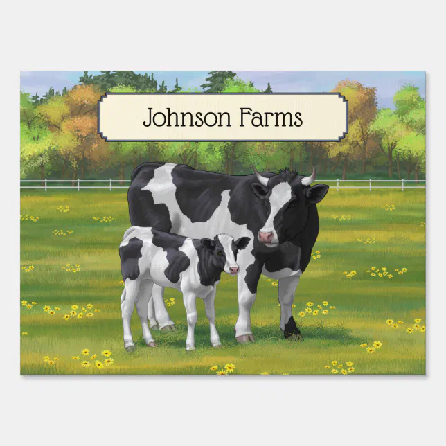 Holstein Cow & Cute Calf in Summer Pasture Sign | Zazzle
