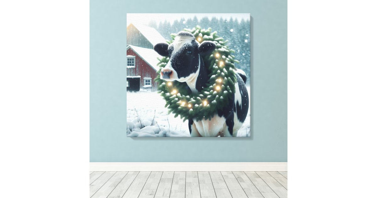 Holstein Cow Wearing a Christmas Wreath Canvas Print | Zazzle