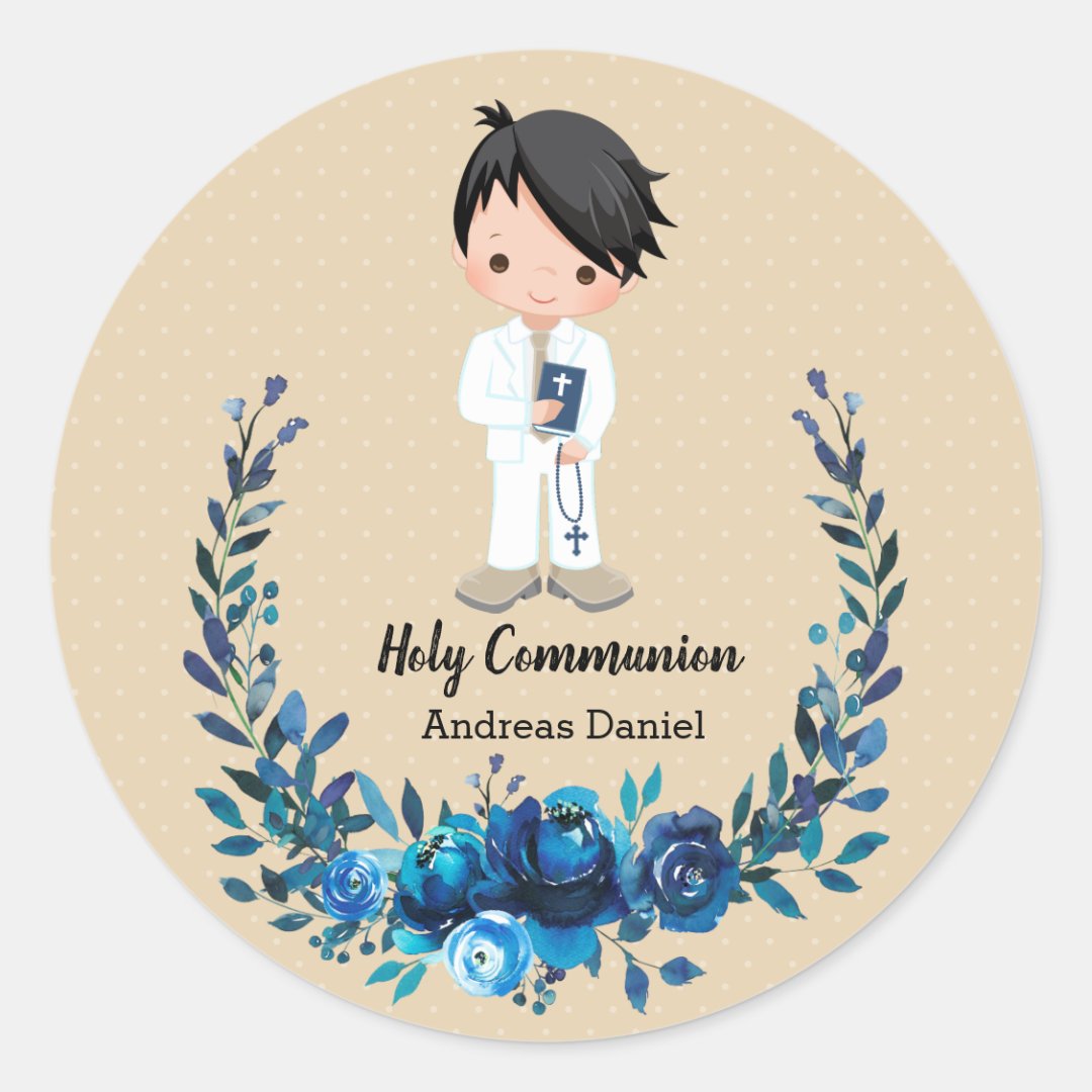 Holy Communion blue wreath Classic Round Sticker | Zazzle