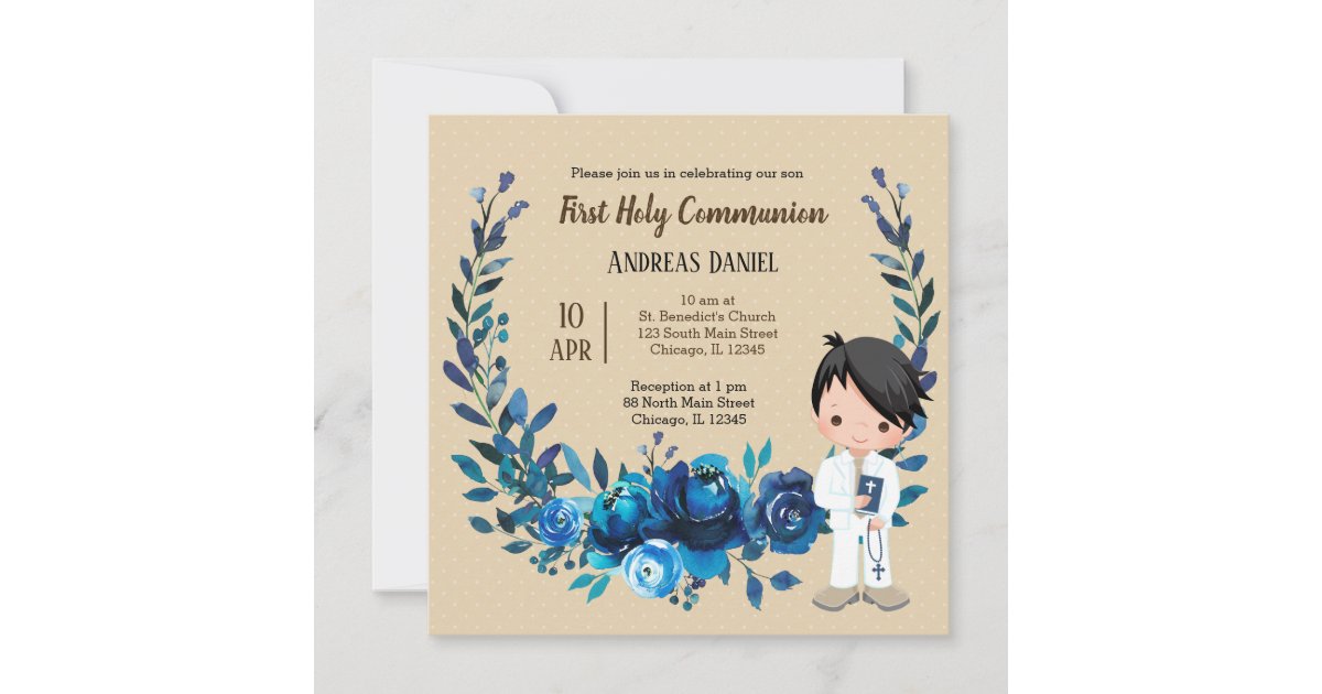 Holy Communion blue wreath Invitation | Zazzle