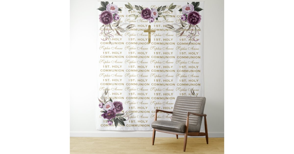 Holy Communion Purple Gold Step & Repeat Backdrop | Zazzle