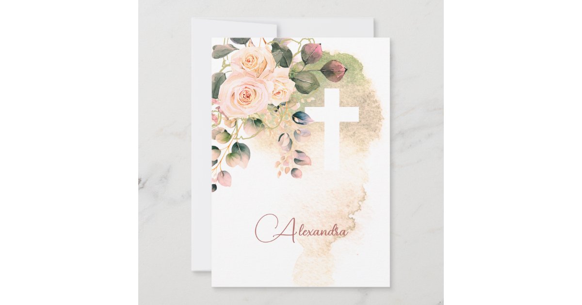 Holy Communion Roses Pink Religious Cross Invitation | Zazzle