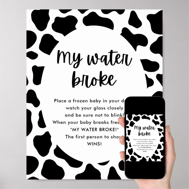 Holy Cow Baby Shower My Water Broke Game Sign | Zazzle