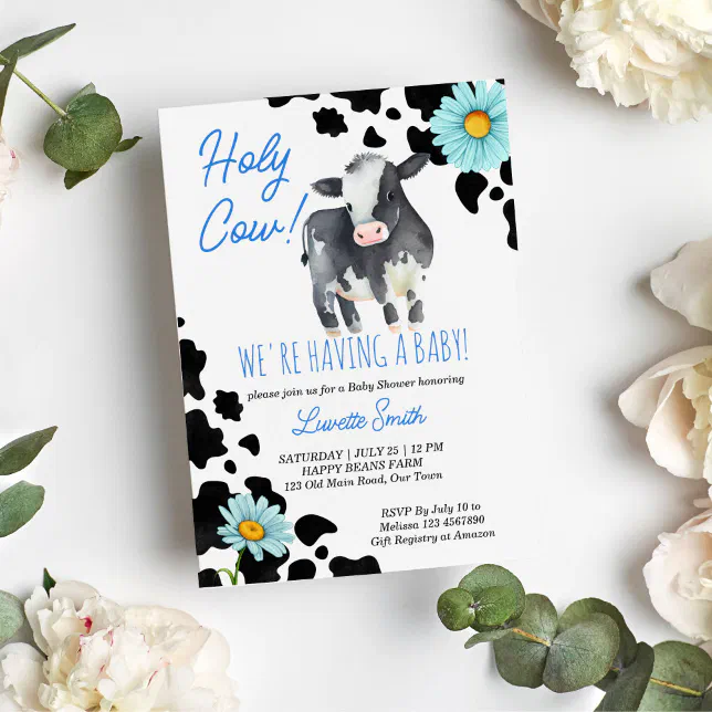 Holy cow black and blue cute cow baby shower invitation | Zazzle