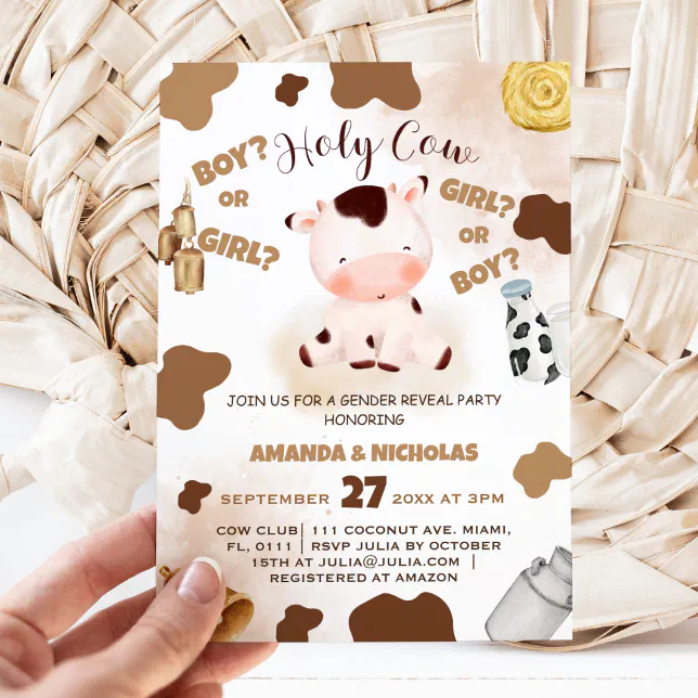 Holy Cow Cute Watercolor Gender Reveal Invitation | Zazzle Holy Cow Cute Watercolor Gender Reveal Invitation | Zazzle