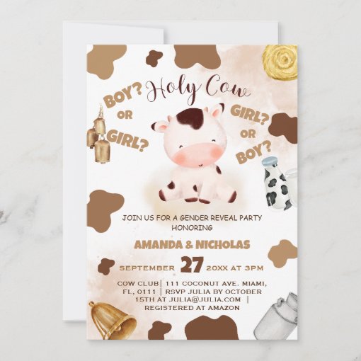 Holy Cow Cute Watercolor Gender Reveal Invitation | Zazzle