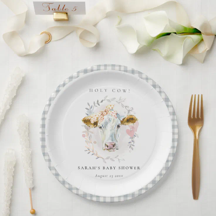 Holy Cow Farm Floral Wreath Plaid Baby Shower Paper Plates | Zazzle