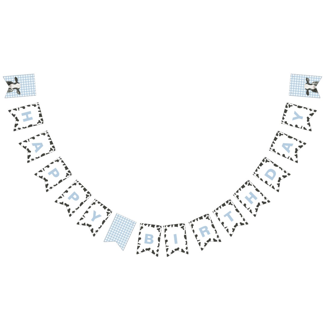 Holy Cow first birthday Blue Plaid Cow Print Bunting Flags | Zazzle