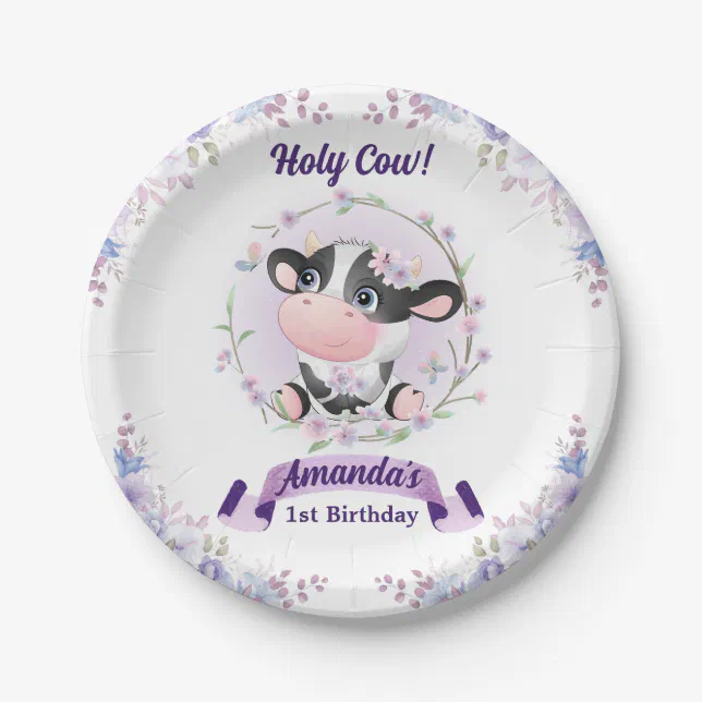 Holy Cow Floral 1st Birthday Party Paper Plates | Zazzle