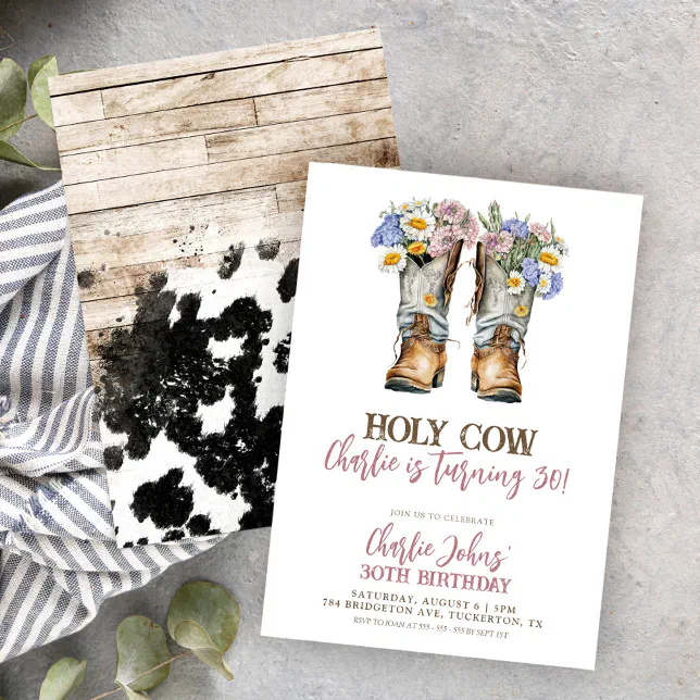 Holy Cow Floral Cowboy Boots 30th Birthday Invitation | Zazzle