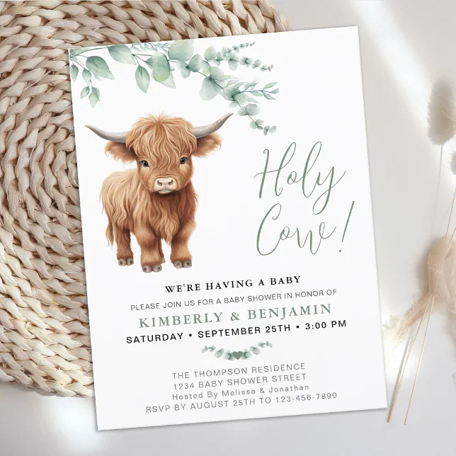Holy Cow Greenery Highland Cow Couples Baby Shower Invitation Postcard ...
