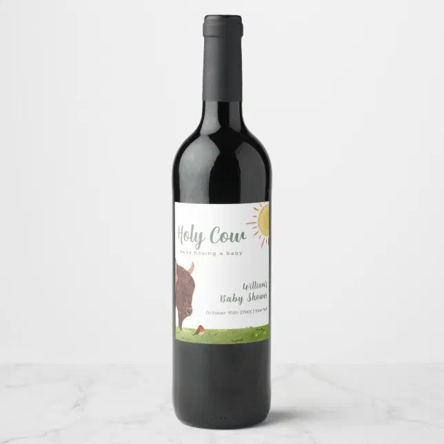 Holy Cow Highland Farm Animal Baby Shower Wine Label | Zazzle
