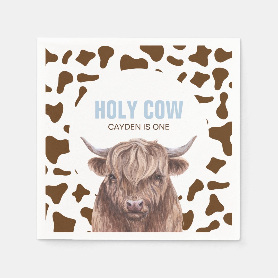 Holy Cow I'm One brown Cow Print birthday Paper Pl Napkins | Zazzle