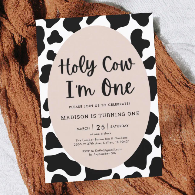Holy Cow I'm One Cow Print 1st Birthday Invitation | Zazzle