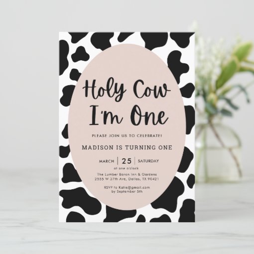 Holy Cow I'm One Cow Print 1st Birthday Invitation | Zazzle
