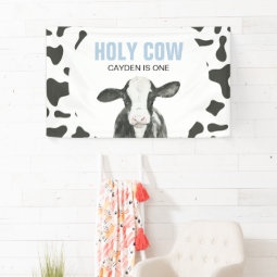 Holy Cow I'm One Cow Print Birthday Banner | Zazzle