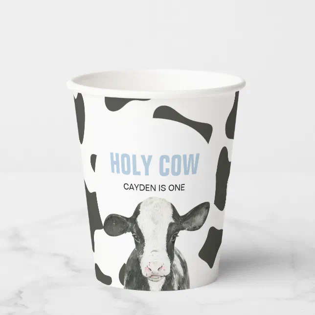 Holy Cow I'm One Cow Print birthday Paper Cups | Zazzle