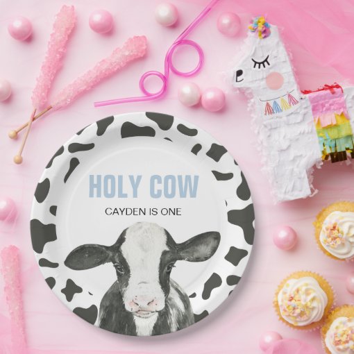 Holy Cow I'm One Cow Print birthday Paper Plates | Zazzle