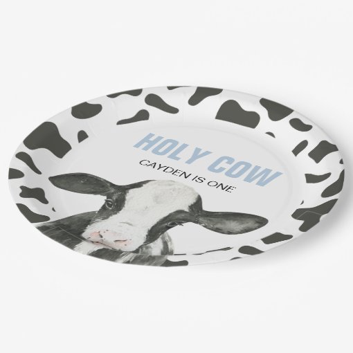 Holy Cow I'm One Cow Print birthday Paper Plates | Zazzle