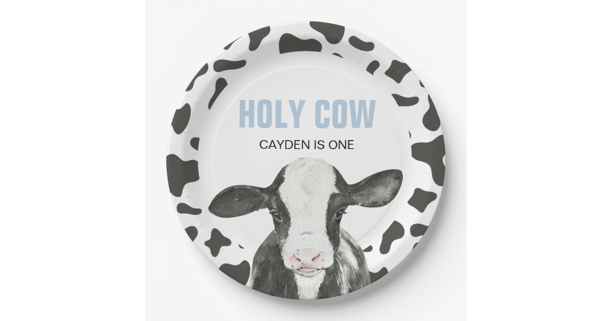 Holy Cow I'm One Cow Print birthday Paper Plates | Zazzle