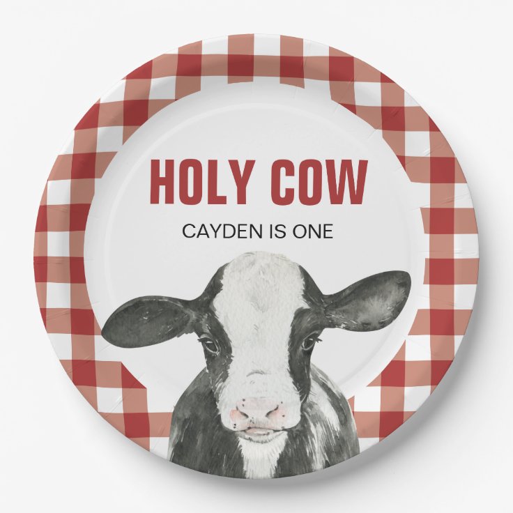 Holy Cow I'm One Red Plaid birthday Paper Plates | Zazzle