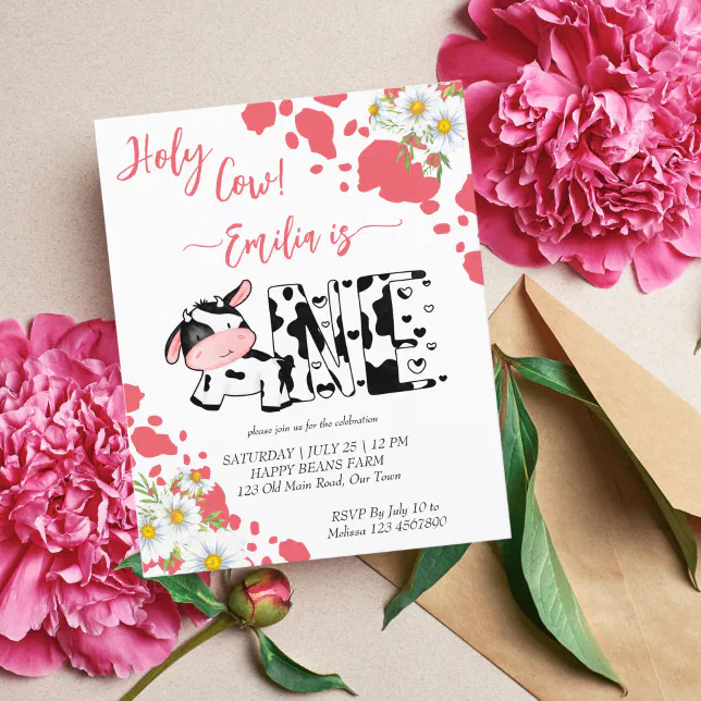 Holy cow pink cute cow birthday budget invitation | Zazzle