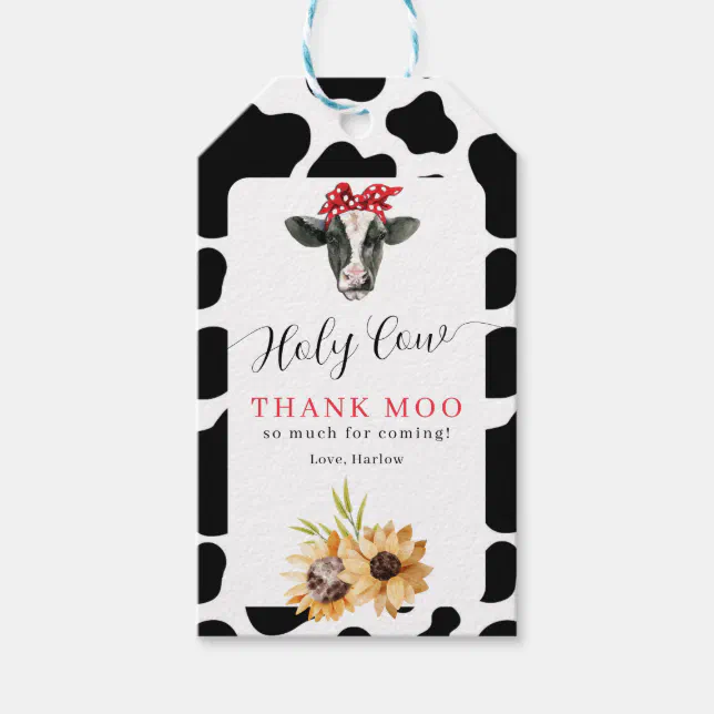 Holy Cow Thank Moo Sunflower Birthday Gift Tags | Zazzle