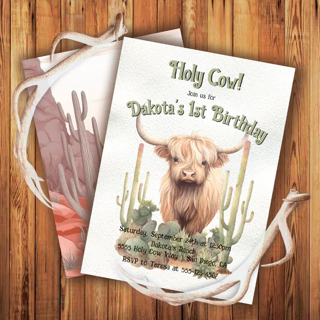 Holy Cow Turning One Highland Cow Birthday Invitation | Zazzle