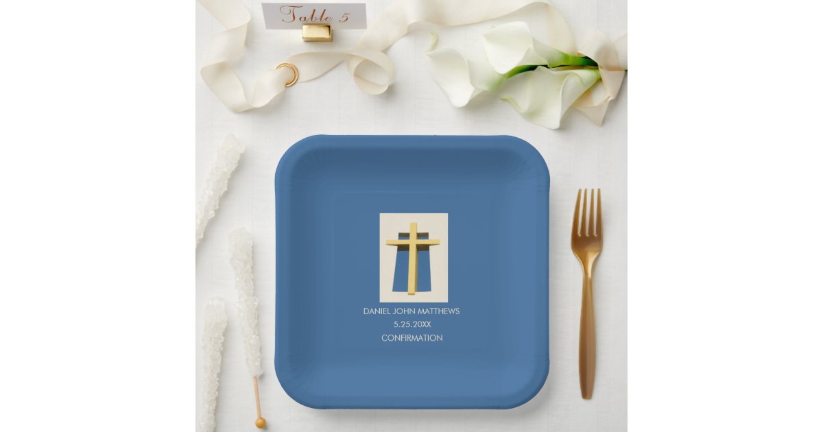 Holy Cross and Sky Blue Religious Confirmation Paper Plates | Zazzle