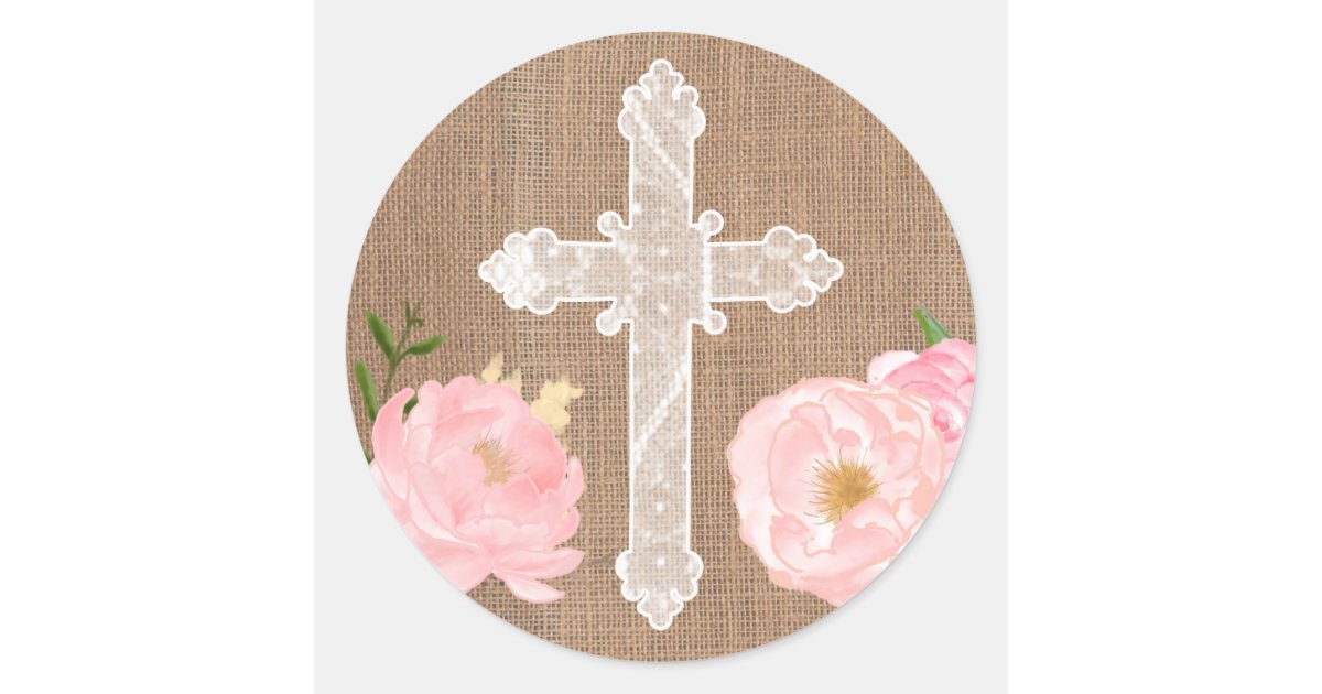 Holy Cross sticker, white Cross with pink flowers Classic Round Sticker ...