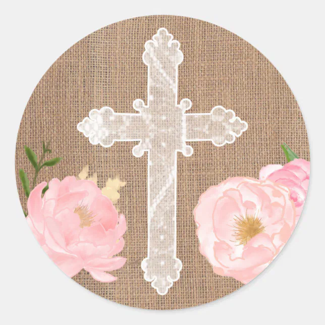 Holy Cross sticker, white Cross with pink flowers Classic Round Sticker ...