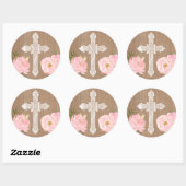 Holy Cross sticker, white Cross with pink flowers Classic Round Sticker ...