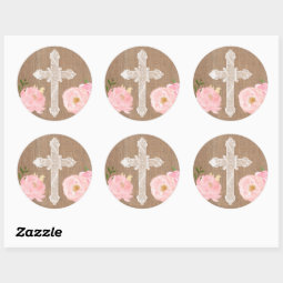 Holy Cross sticker, white Cross with pink flowers Classic Round Sticker ...