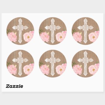 Holy Cross sticker, white Cross with pink flowers Classic Round Sticker ...
