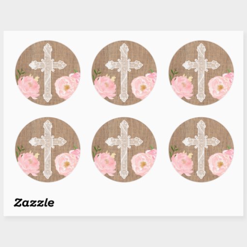 Holy Cross sticker, white Cross with pink flowers Classic Round Sticker ...