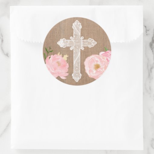 Holy Cross sticker, white Cross with pink flowers Classic Round Sticker ...