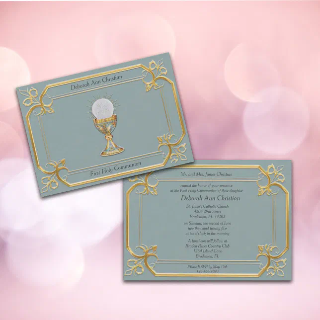 Holy Eucharist Chalice Gold Frame Invitation | Zazzle