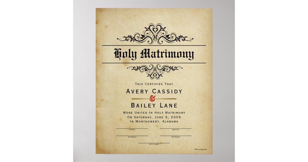 "Holy Matrimony" Antique Wedding Certificate Poster | Zazzle